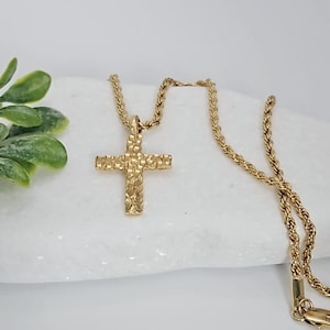 14k Gold Plated Nugget Cross Necklace - 3mm Rope Chain - Etsy