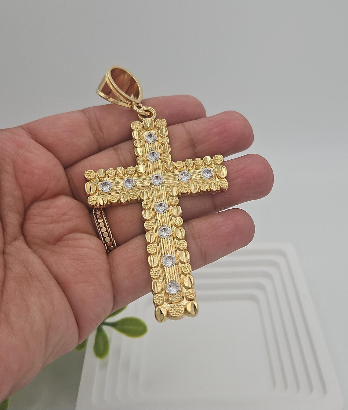 XL Gold Nugget Cross Necklace: Textured CZ, 11mm Curb Chain, Lifetime ...