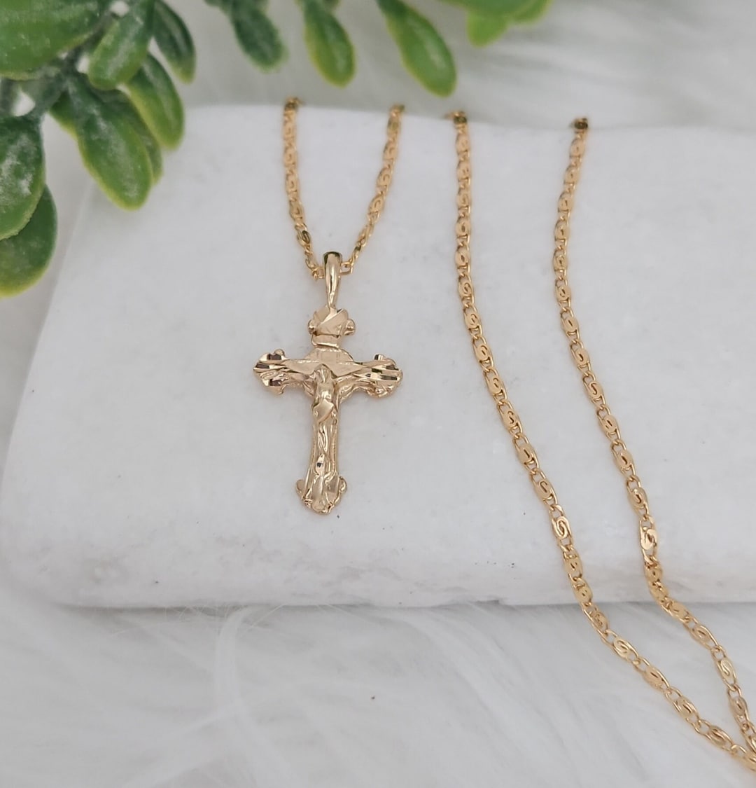 Gold Crucifix Necklace, Small Crucifix Necklace, 2mm Scroll Style Chain ...