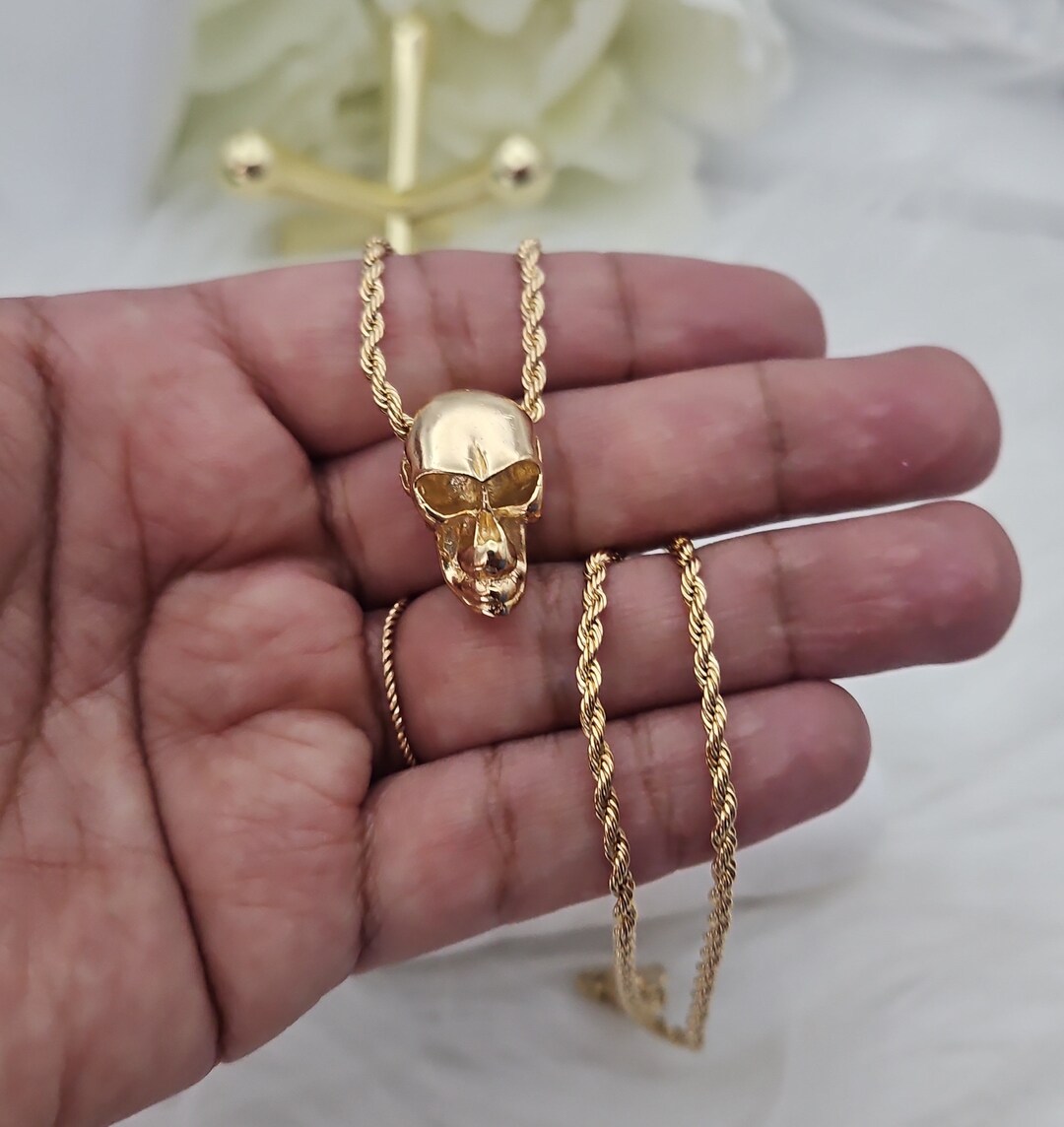 Gold Skull Necklace: Unisex 14k Plated Pendant, 2mm Rope Chain - Etsy