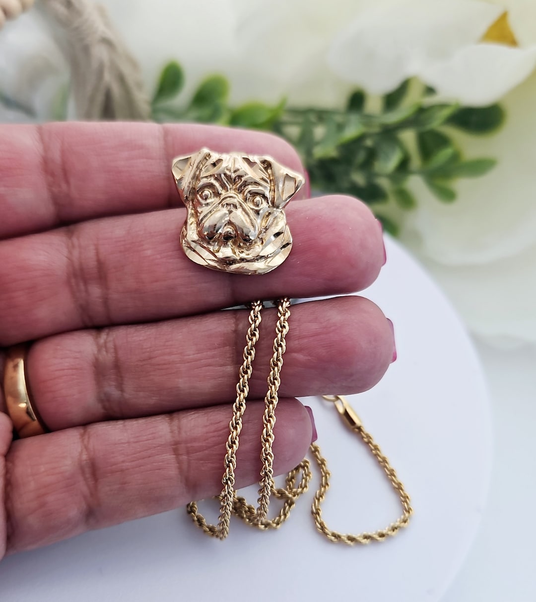 Gold Pug Necklace, Dog Necklace, 14k Heavy Plated Gold, 2mm Rope or ...