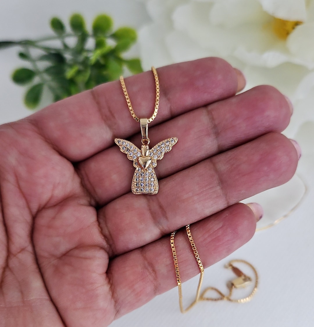 Gold Guardian Angel Necklace: Cubic Zirconia, 14k Gold Plated, 1mm Box ...