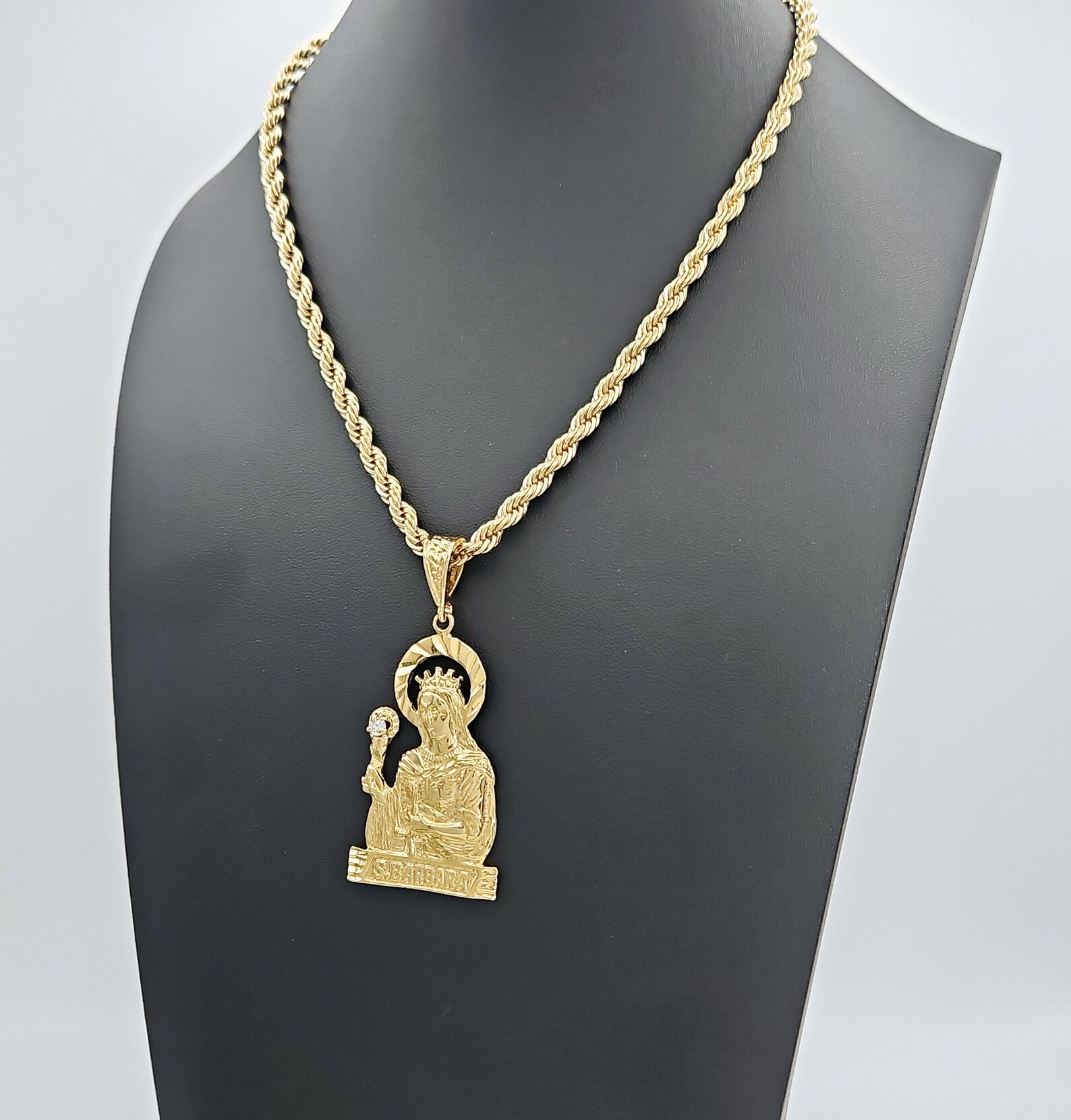 Gold St Barbara Necklace: CZ Torch, 14k Heavy Plated, 5mm Rope Chain - Etsy