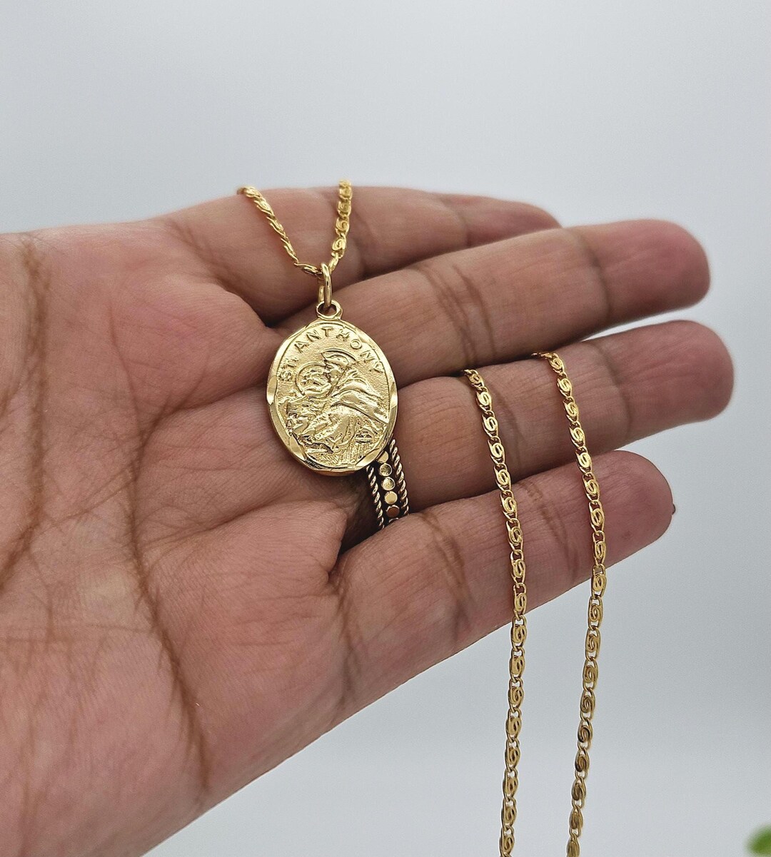 Gold St Anthony Necklace: Oval Saint Pendant, 2mm Scroll Chain ...