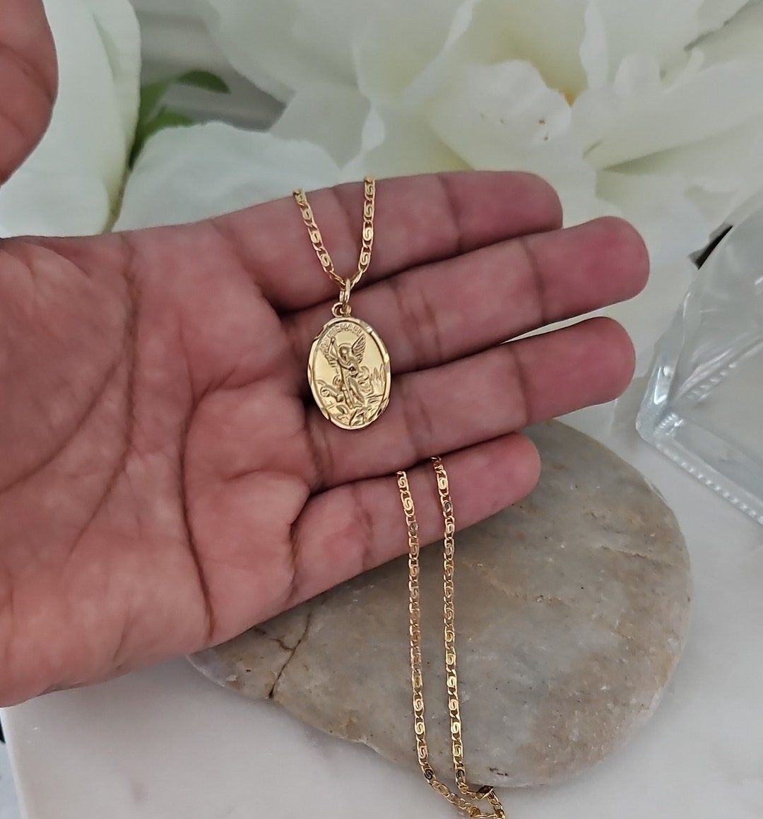Gold St Michael Necklace, Angel of Protection From Evil, Oval Saint ...
