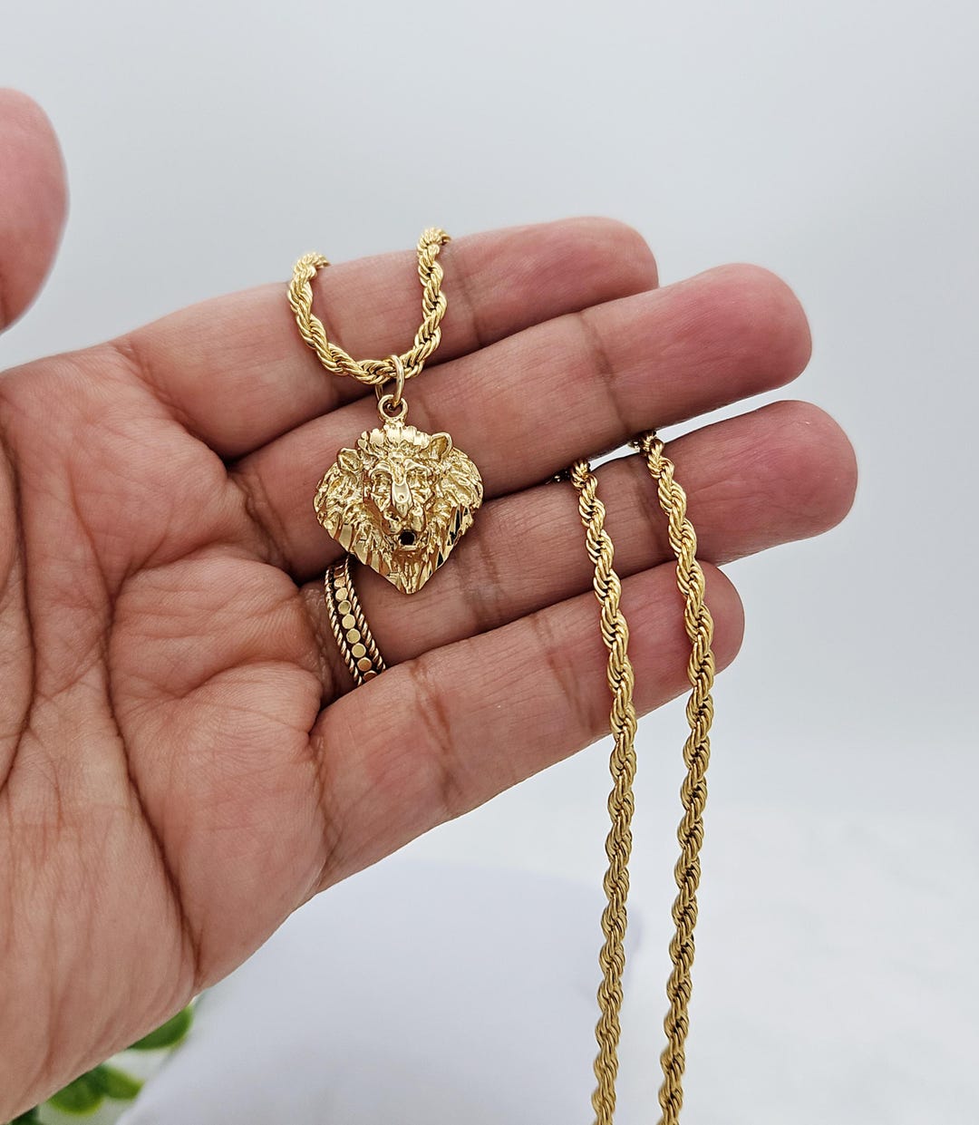 Gold Roaring Lion Necklace, 3mm Rope Chain, 22mm High Pendant, 14k ...