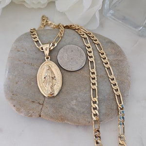 Gold Virgin Mary Necklace: 14k Plated Figaro Chain, Miraculous Medal - Etsy