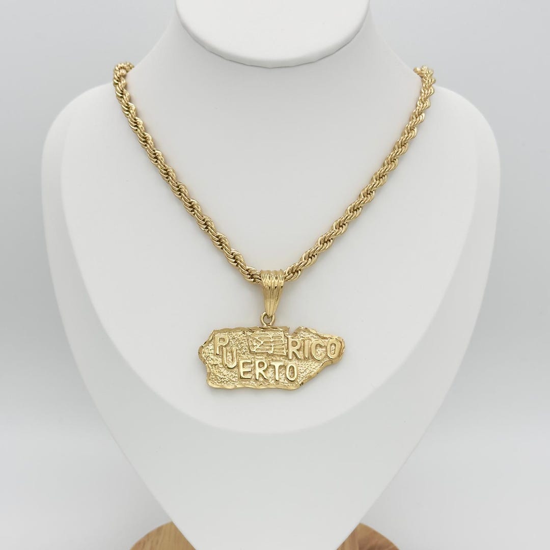 14k Gold Plated Puerto Rico Pendant Necklace - 4mm Rope Chain - Etsy