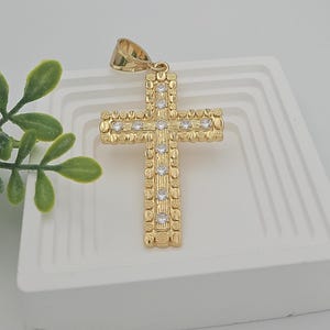 XL Gold Nugget Cross Necklace: Textured CZ, 11mm Curb Chain, Lifetime ...