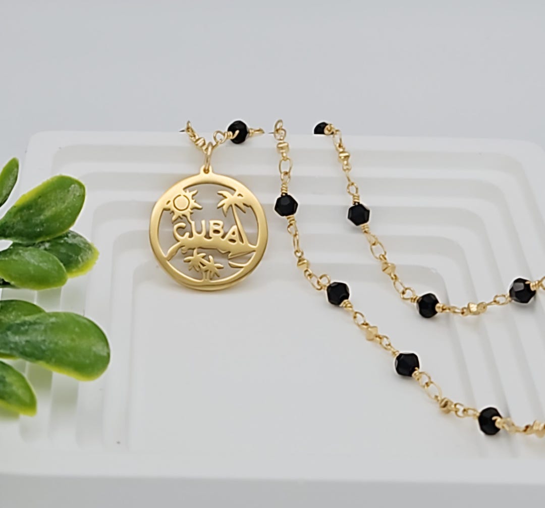 14k Gold Plated Cuban Medallion Necklace With Black Beads - Etsy