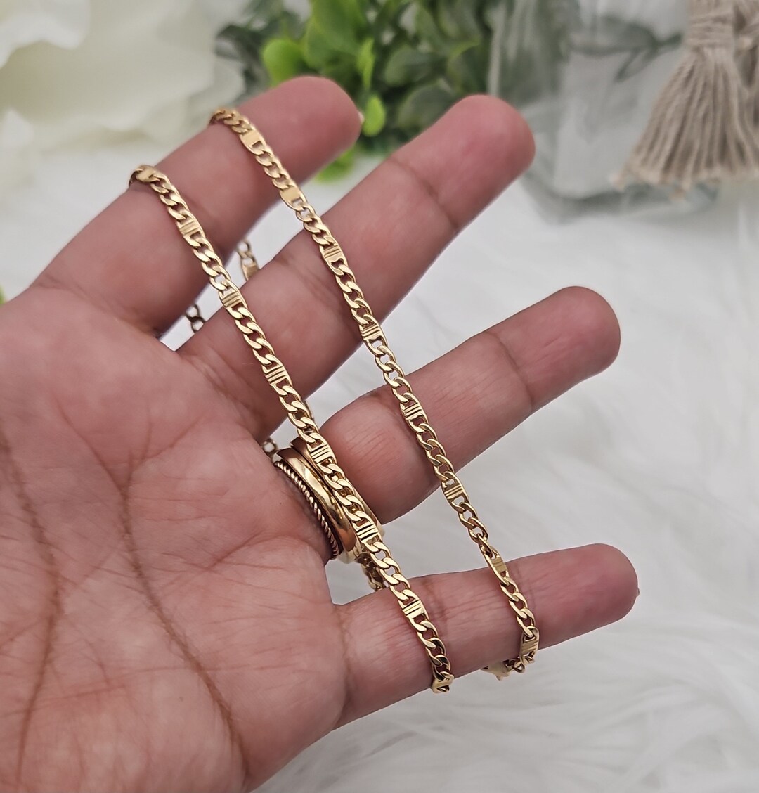 Gold Flat Figaro Chain, 3mm Designed Figaro, 14k Heavy Plated Gold ...