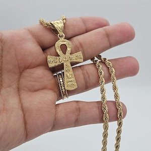 Gold Ankh Necklace: Textured Cross Pendant, 4mm Rope Chain, 14k Heavy ...