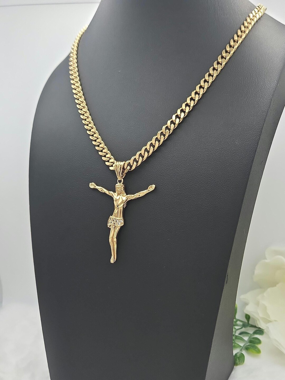 14k Heavy Plated Gold Crucifix Necklace: Men's 7mm Cuban Link CZ ...
