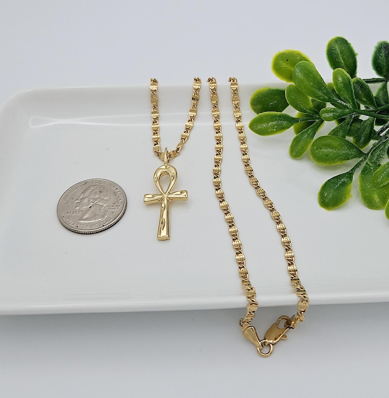 Ankh Necklace: Diamond Cut Pendant, 14k Heavy Plated, 3mm Scroll Chain ...