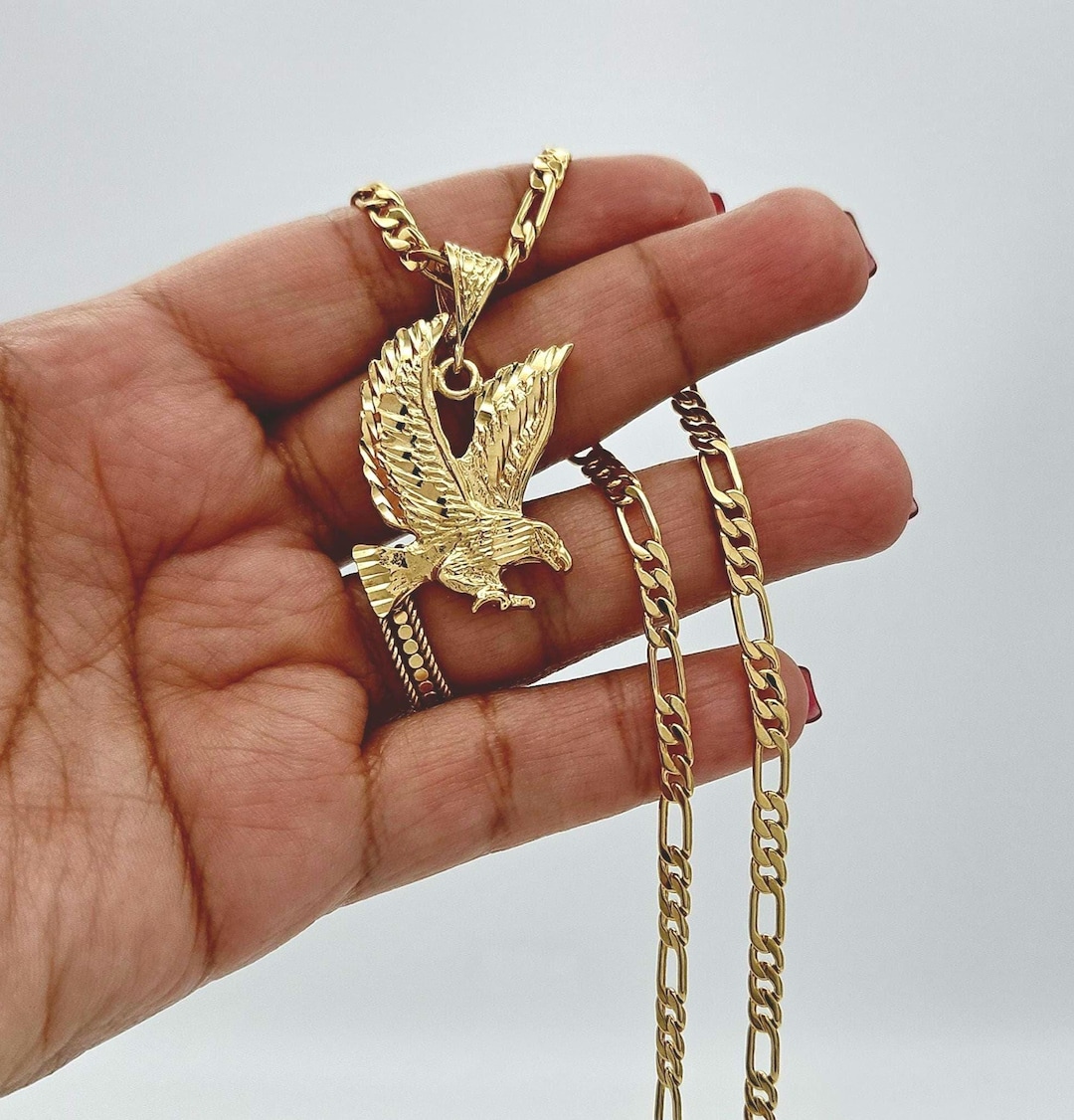 Gold Eagle Pendant Necklace: 5mm Figaro Chain, 14k Heavy Plated - Etsy