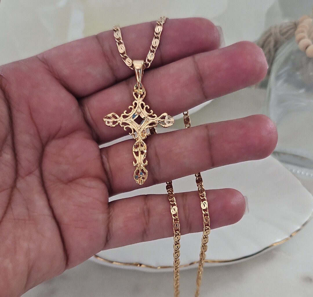 14k Gold Plated Cross Necklace: Fancy Crucifix Pendant, 2mm Scroll ...