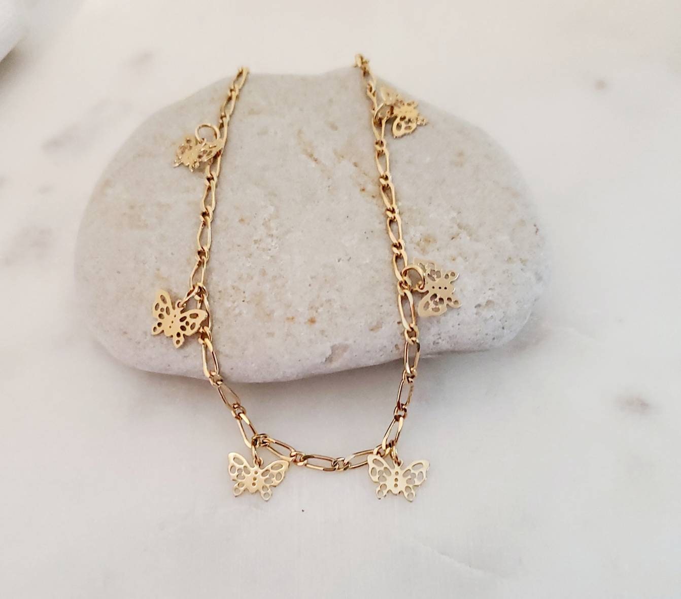 Gold Butterfly Anklet: 14k Heavy Plated Figaro Chain - Etsy