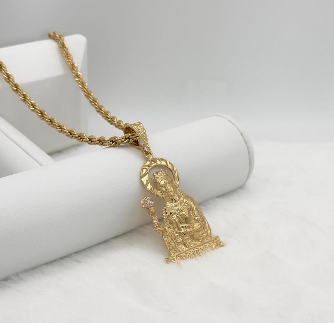 Gold St Barbara Necklace: CZ Torch, 14k Heavy Plated, 5mm Rope Chain - Etsy