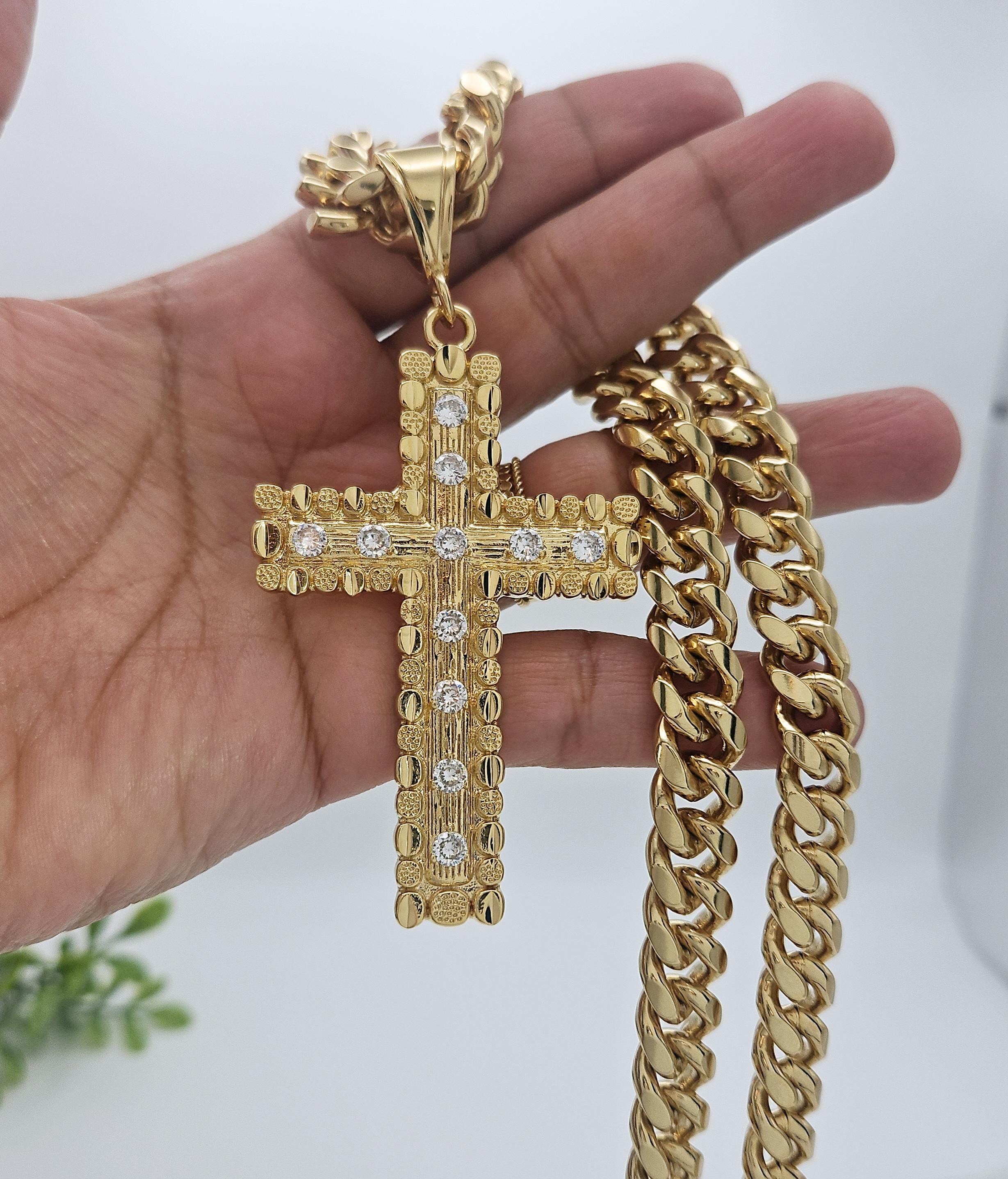XL Gold Nugget Cross Necklace: Textured CZ, 11mm Curb Chain, Lifetime ...
