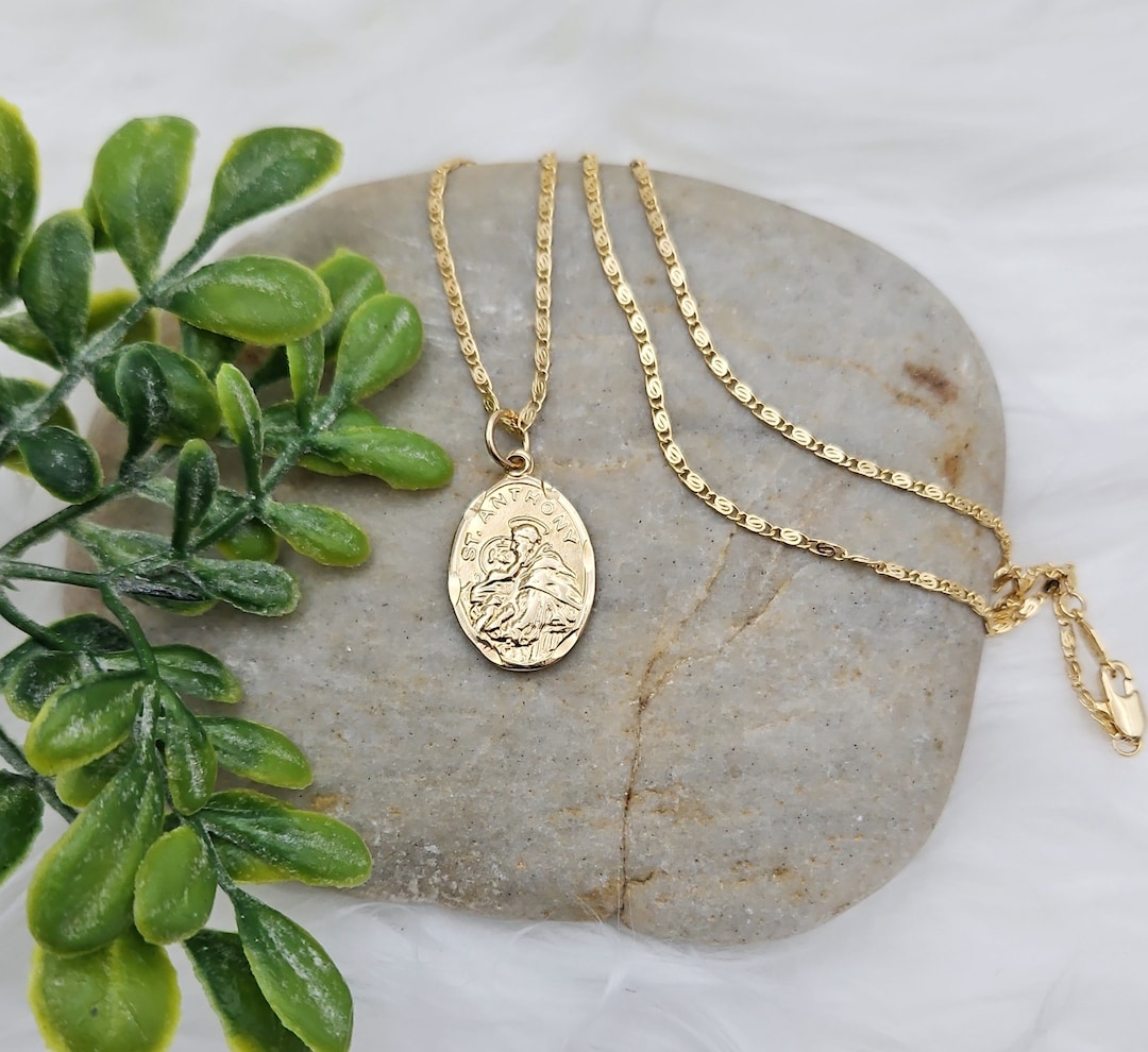Gold St Anthony Necklace, Oval Saint Anthony Pendant, 2mm Scroll Style ...