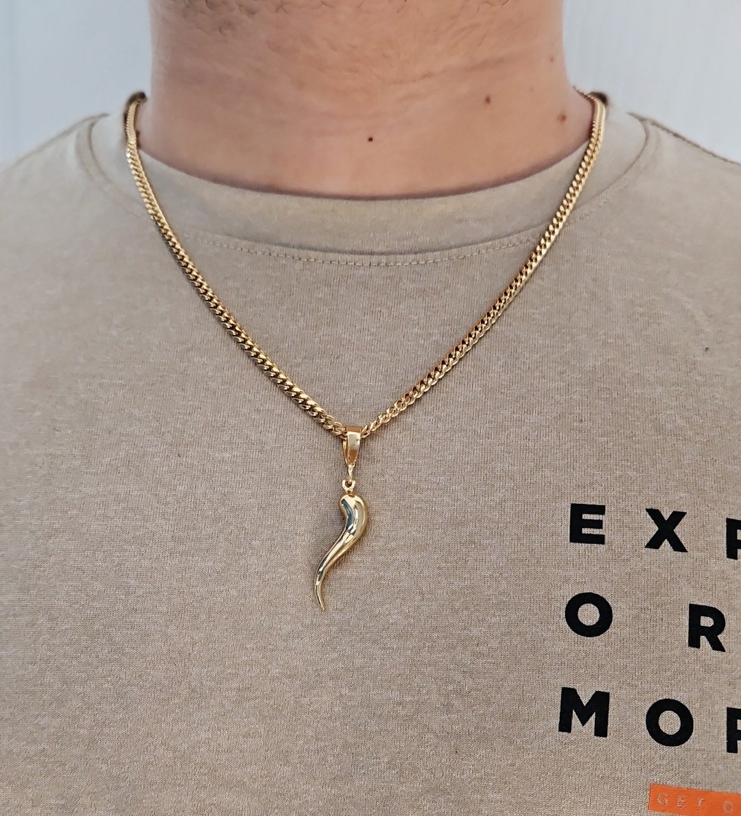 Gold Italian Horn Necklace for Men, 5mm Gold Cuban Chain, Italian Horn ...