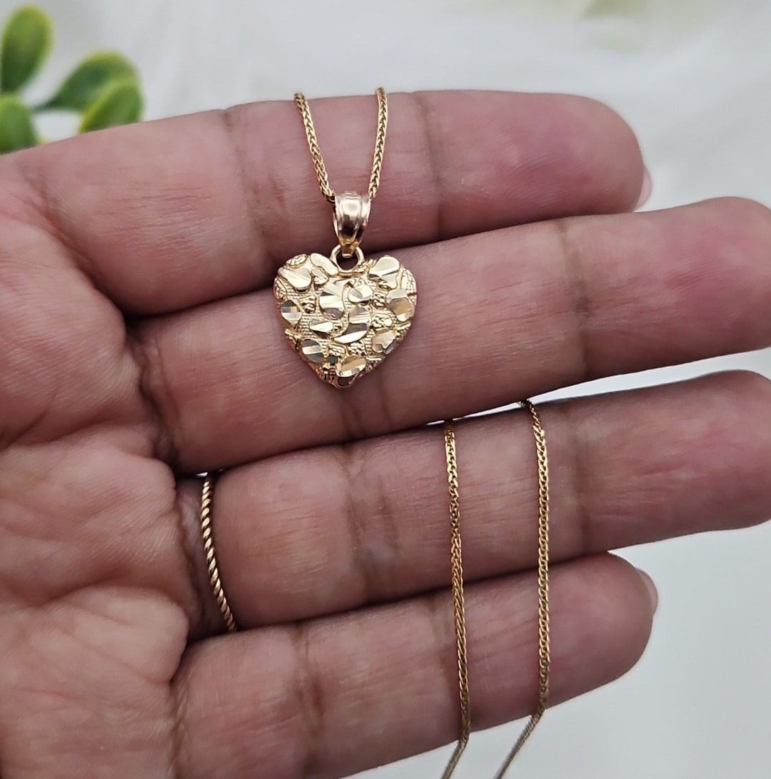 14k Yellow Gold Nugget Necklace, Real Gold Nugget Heart Necklace, 15mm ...