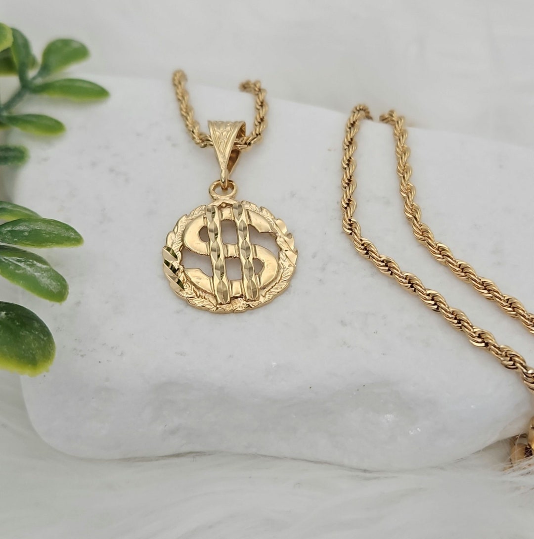 Gold Dollar Sign Necklace With 3.5mm French Rope Chain, 14 Heavy Plated ...