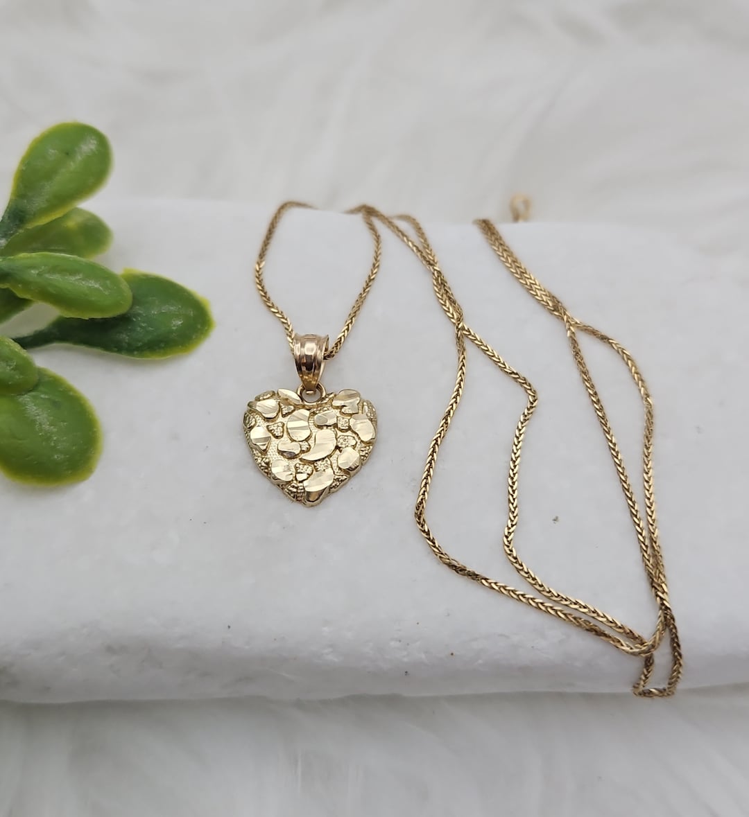 14k Yellow Gold Nugget Necklace, Real Gold Nugget Heart Necklace, 15mm ...