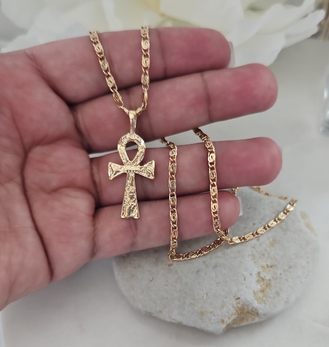 Gold Ankh Necklace, Gold Cross Chain, 14k Heavy Plated Gold, 3mm Scroll ...