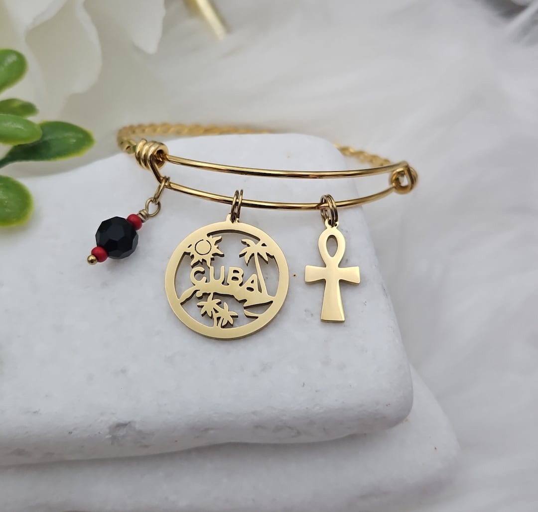 Gold Cuban Bangle: Stainless Steel, Azabache & Cross Charms - Etsy