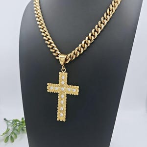XL Gold Nugget Cross Necklace: Textured CZ, 11mm Curb Chain, Lifetime ...