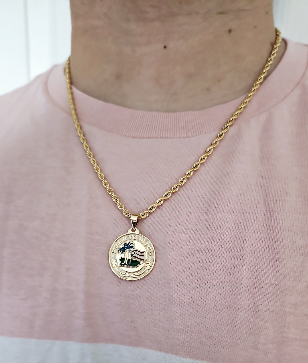 Gold Puerto Rico Necklace: 3mm Rope Chain, Unisex, 26mm Pendant ...
