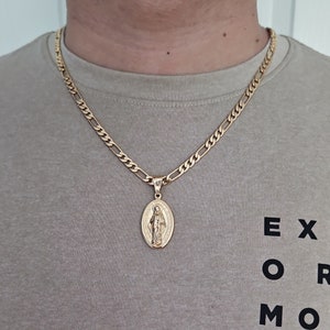 Gold Virgin Mary Necklace: 14k Plated Figaro Chain, Miraculous Medal - Etsy