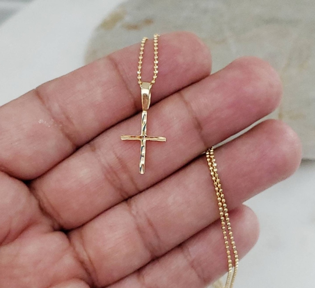 Gold Cross Necklace, Small Cross Necklace, Tiny Sparkly Ball Chain, 14k ...