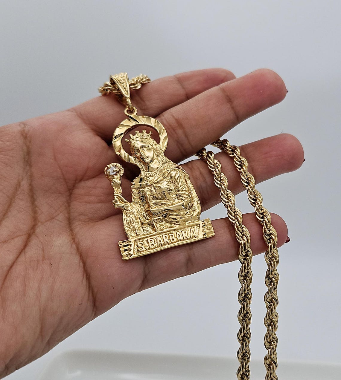 Gold St Barbara Necklace: CZ Torch, 14k Heavy Plated, 5mm Rope Chain - Etsy