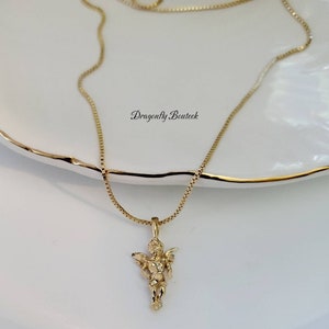 14k Gold Angel Necklace Tiny Baby Angel Pendant Simple Gold - Etsy