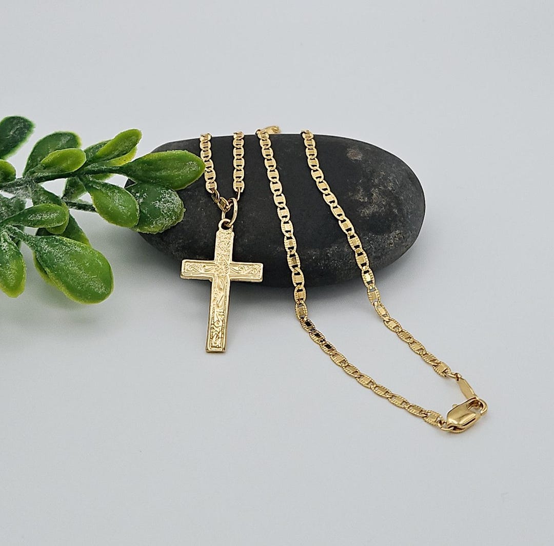 Gold Floral Cross Necklace: 14k Heavy Plated, 2mm Valentino Chain ...