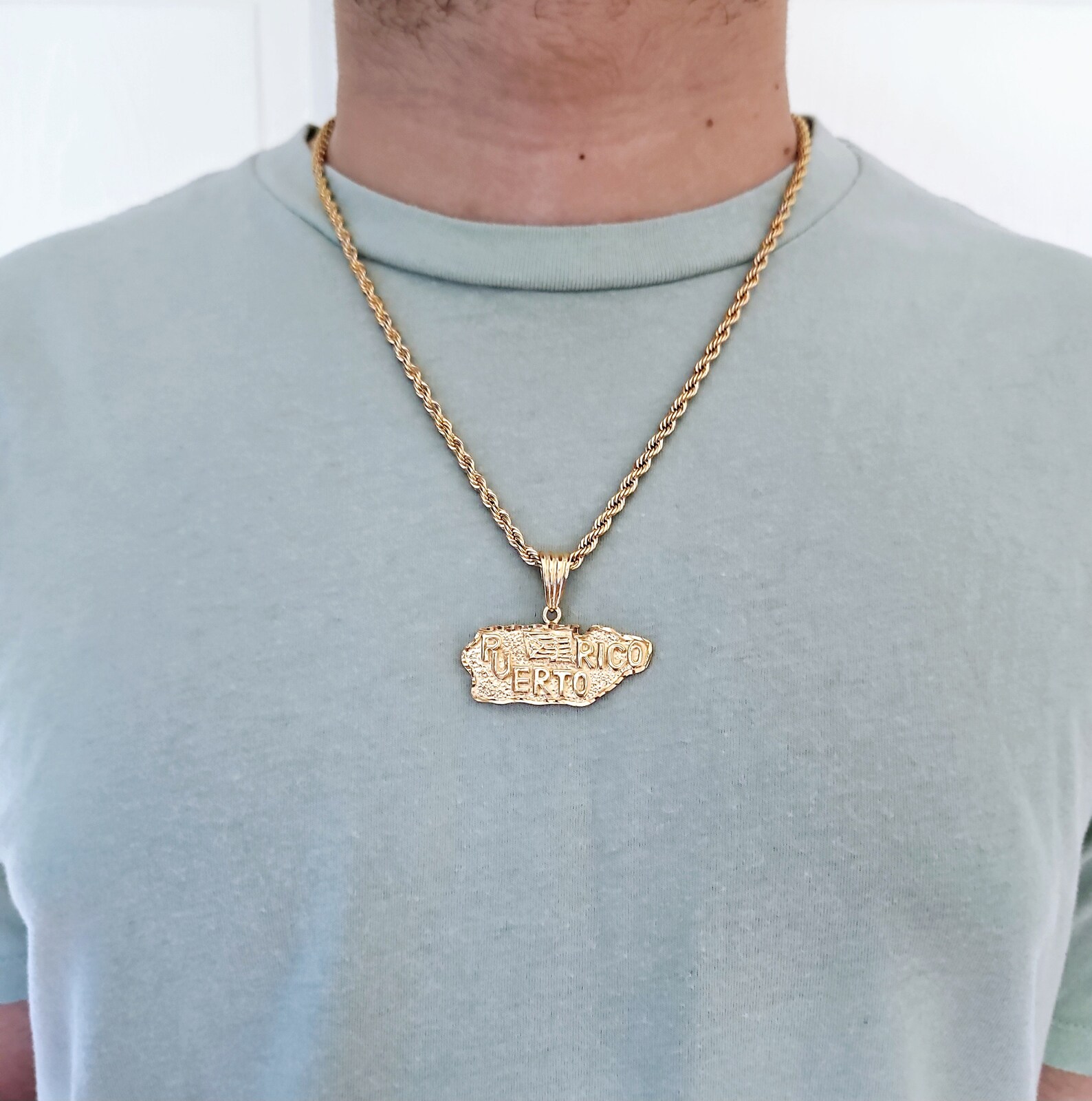 14k Gold Plated Puerto Rico Pendant Necklace - 4mm Rope Chain, Lifetime ...
