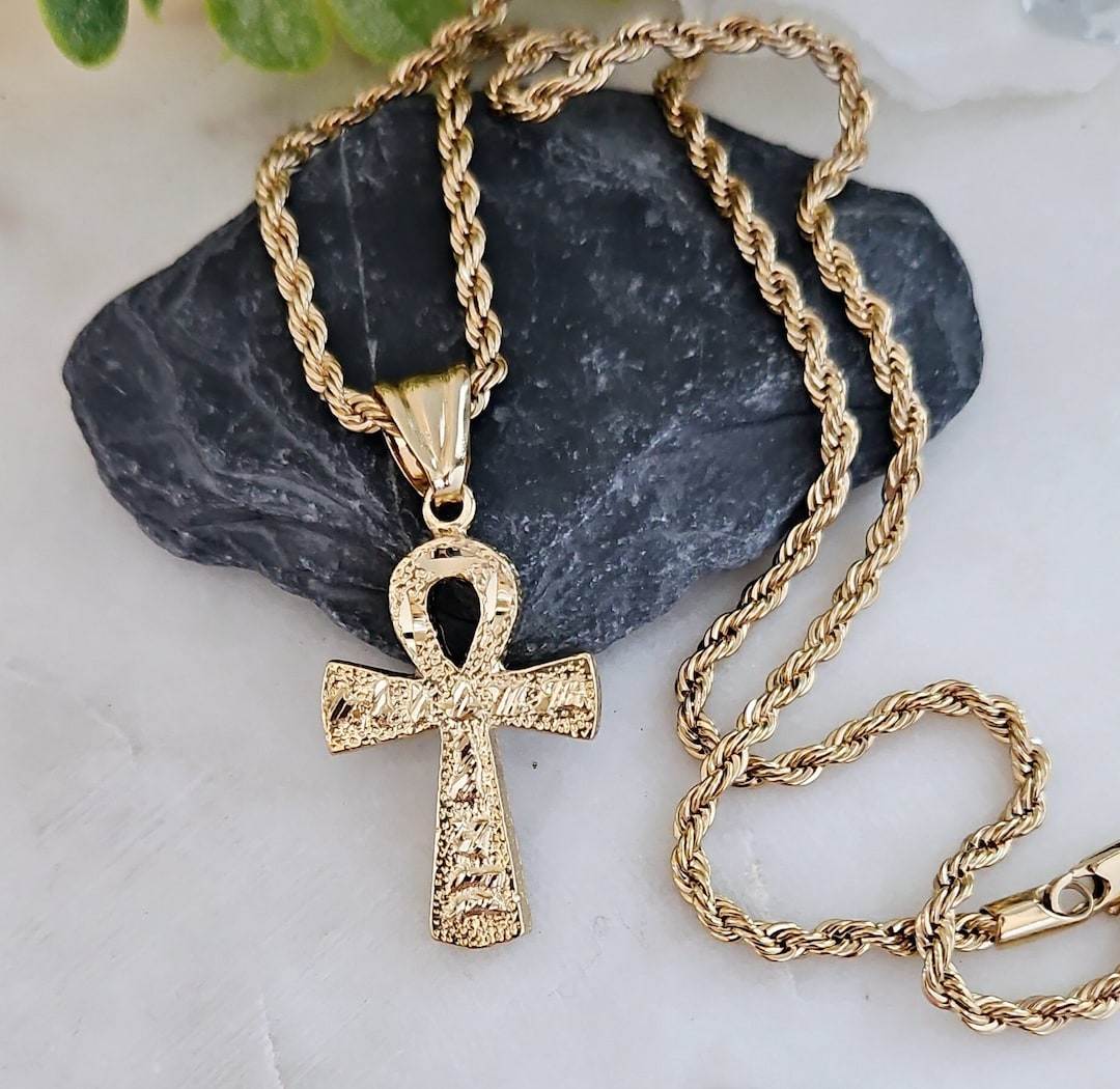 Gold Ankh Necklace for Men, Large Textured Ankh Cross Pendant, 4mm ...