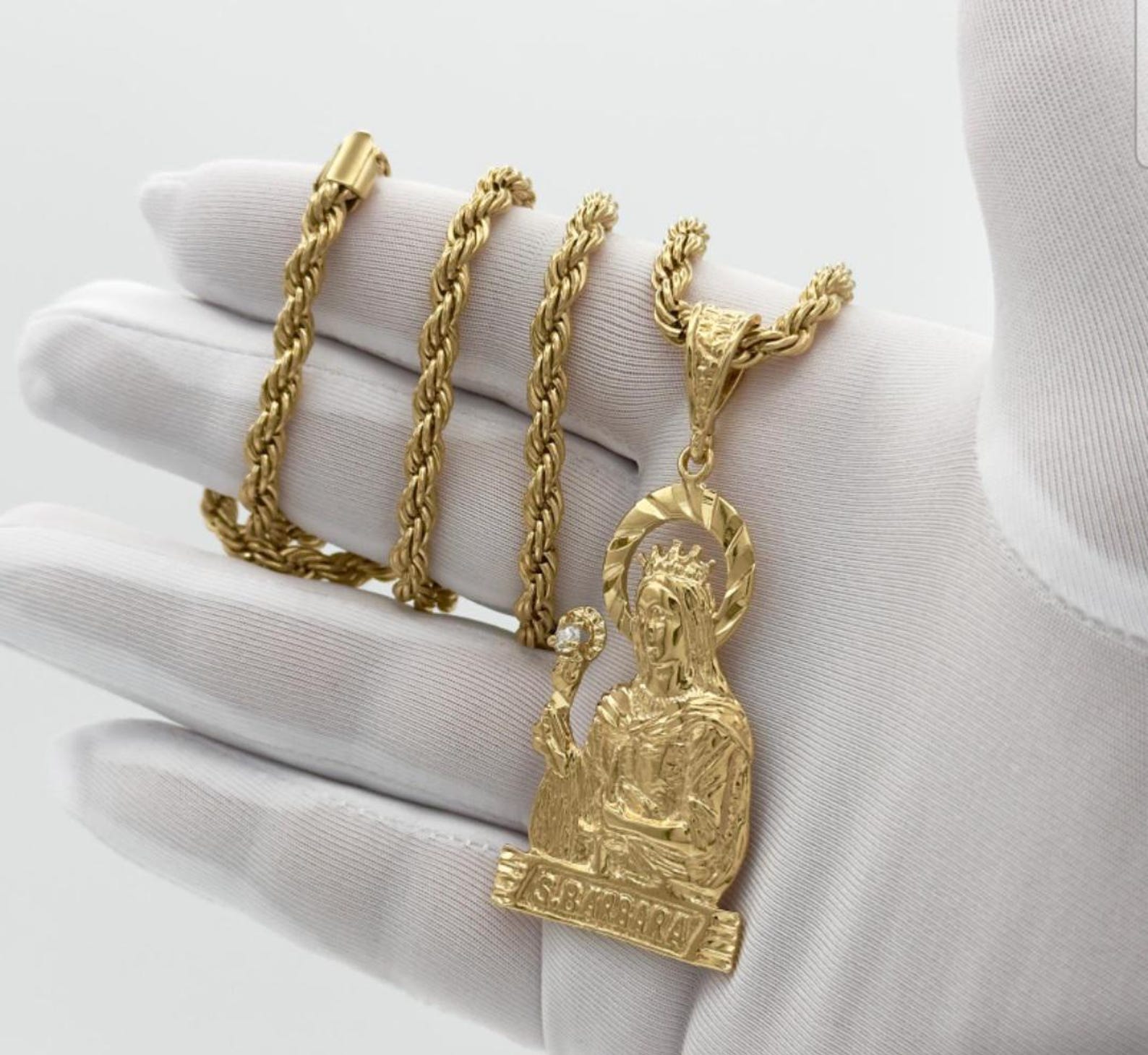 Gold St Barbara Necklace: CZ Torch, 14k Heavy Plated, 5mm Rope Chain - Etsy