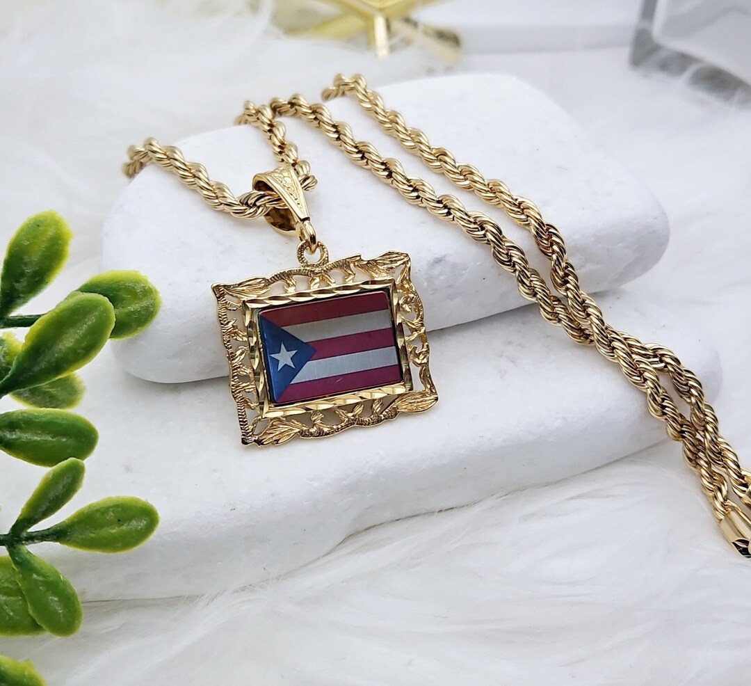14k Gold Plated Puerto Rico Flag Necklace - Picture Frame Pendant, 5mm ...