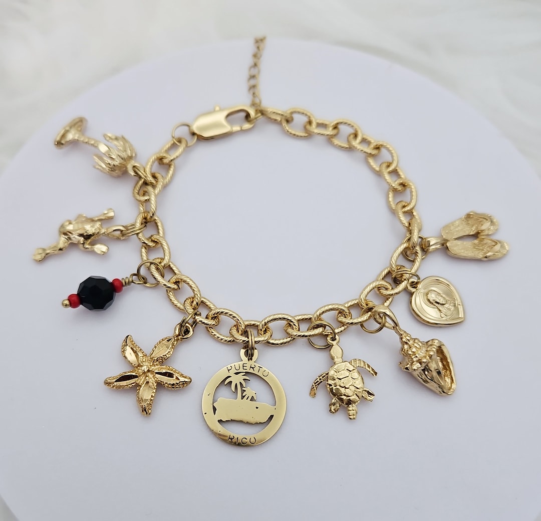 14k Gold Plated Puerto Rico Charm Bracelet: Couqui, Palma, Sea Turtle ...