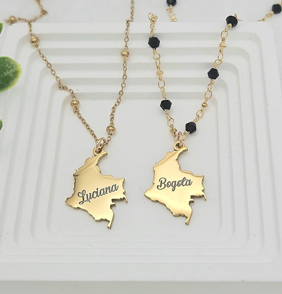 Gold Colombia Necklace: Engravable Beaded Pendant, 14k Heavy Plated ...