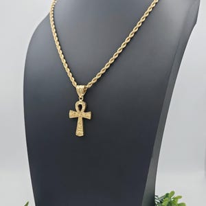 Gold Ankh Necklace: Textured Cross Pendant, 4mm Rope Chain, 14k Heavy ...