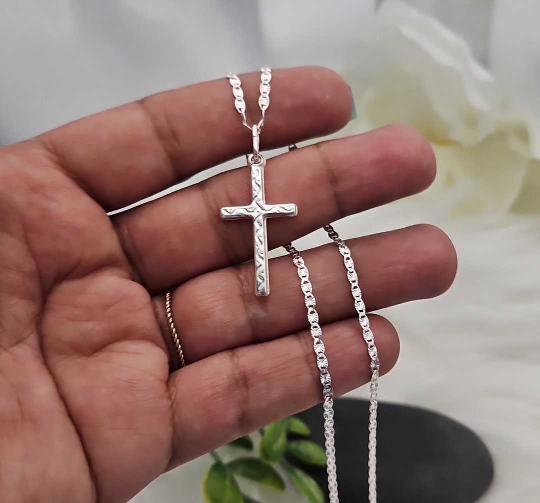 Sterling Silver Cross Necklace: Textured Crucifix, 2mm Valentino Chain ...