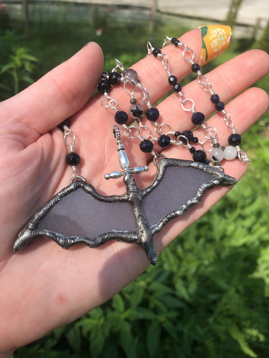 Shadowsinger Glass Pendant Necklace Beaded Chain Obsidian Blue ...