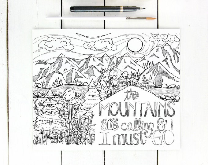 Coloring Page Mountains Are Calling Quote John Muir Digital | Etsy