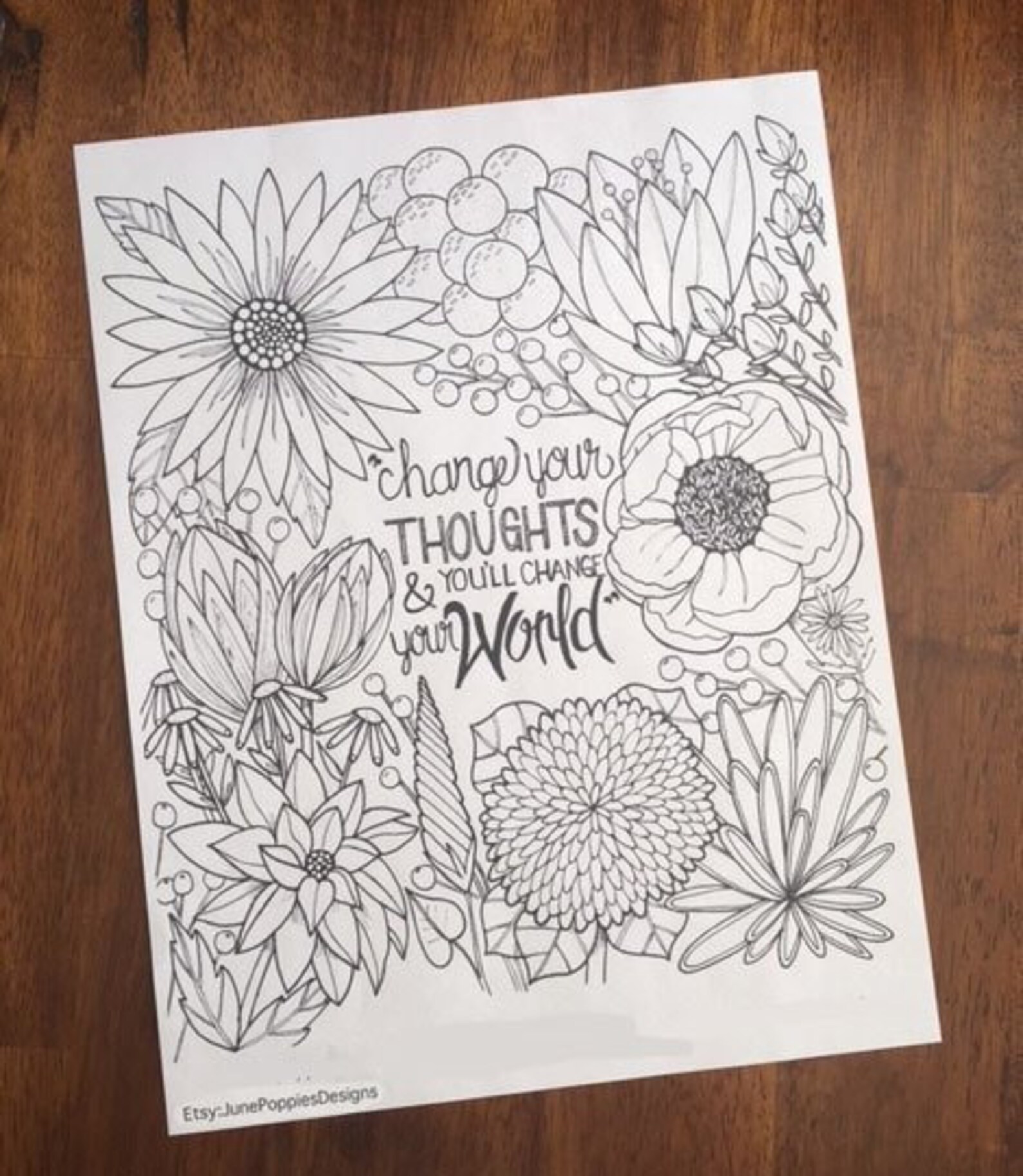 Flower Coloring Page Change Your Thoughts and You'll | Etsy