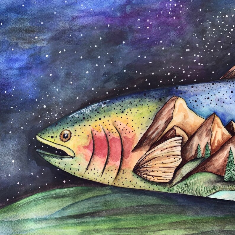 Rainbow Trout Watercolor Print Mountain Scene Fishing - Etsy