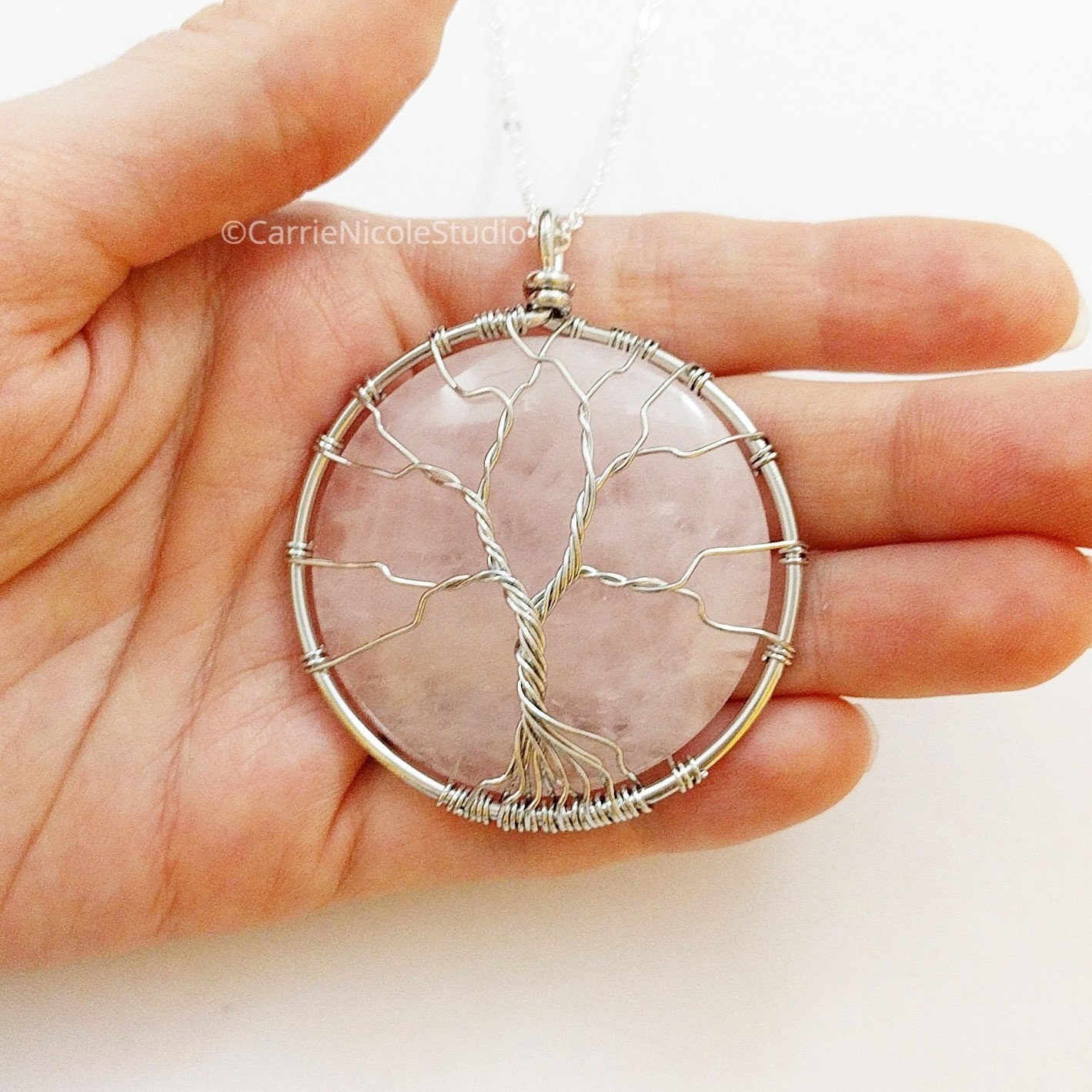 Rose Quartz Tree of Life Necklace: Wire Wrapped Silver Pendant - Etsy